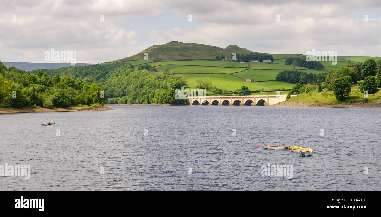 Row boats are moored in Ladybower Reservoir, in front of the A57 Snake ...
