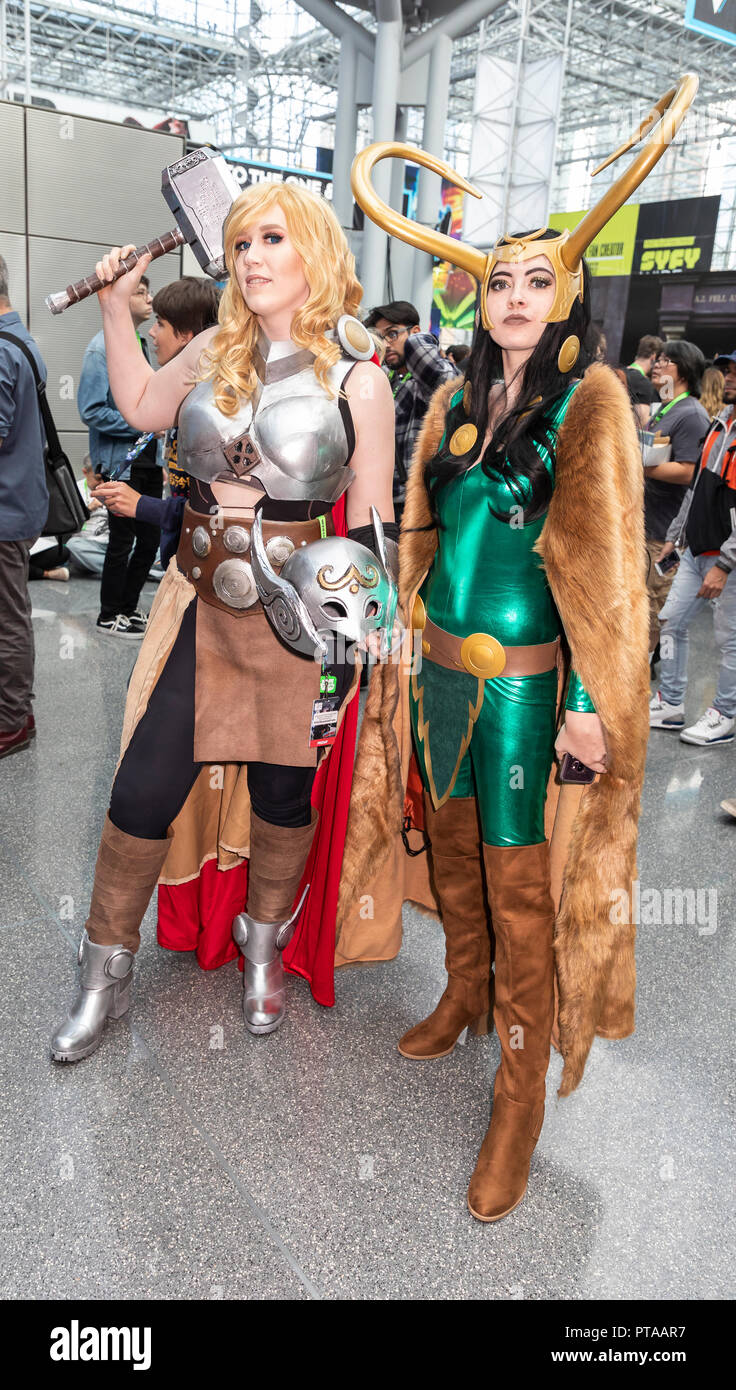 New York, NY, USA - October 5, 2018: Comic Con attendees pose in the ...