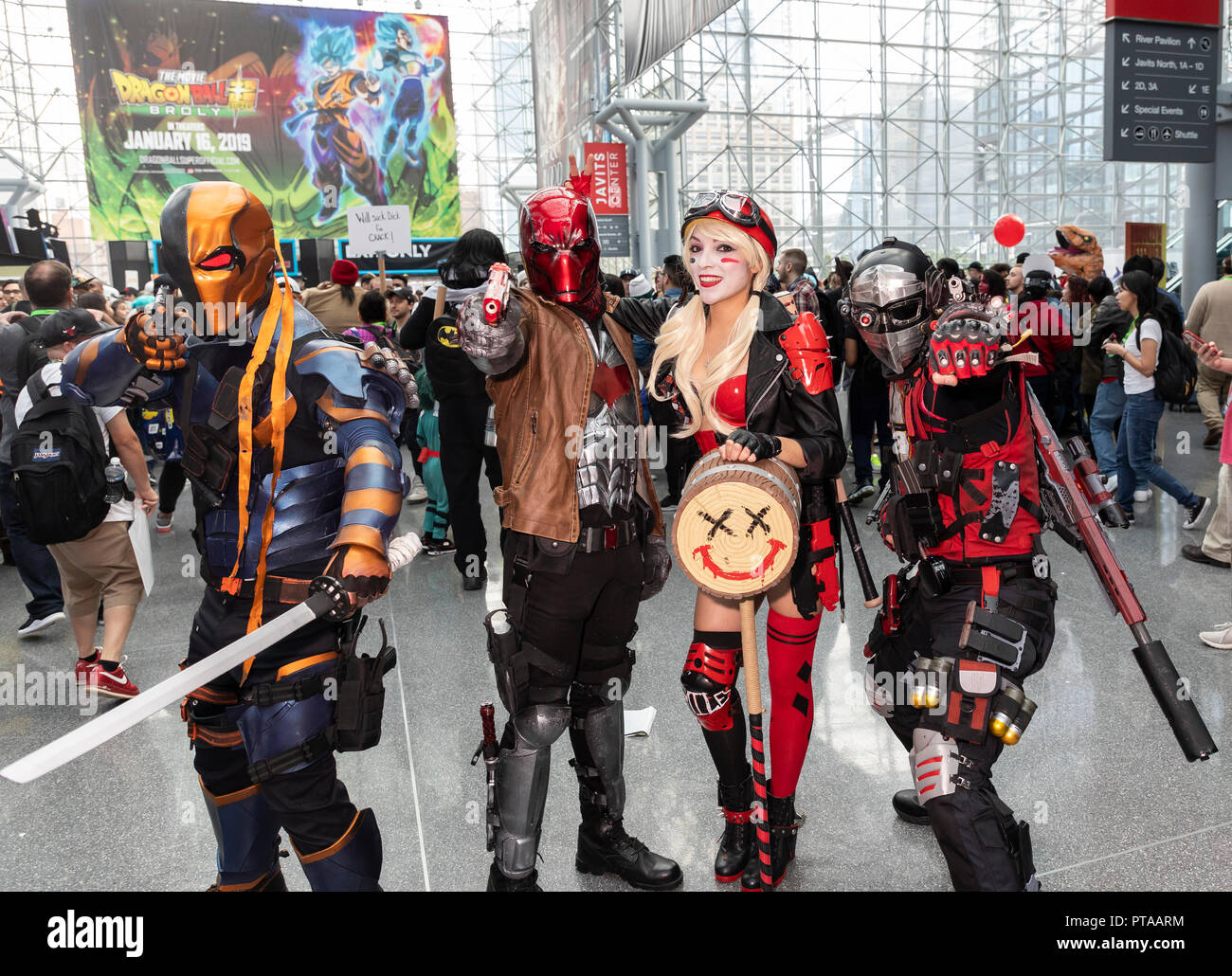 New York, NY, USA - October 5, 2018: Comic Con attendees pose in the ...