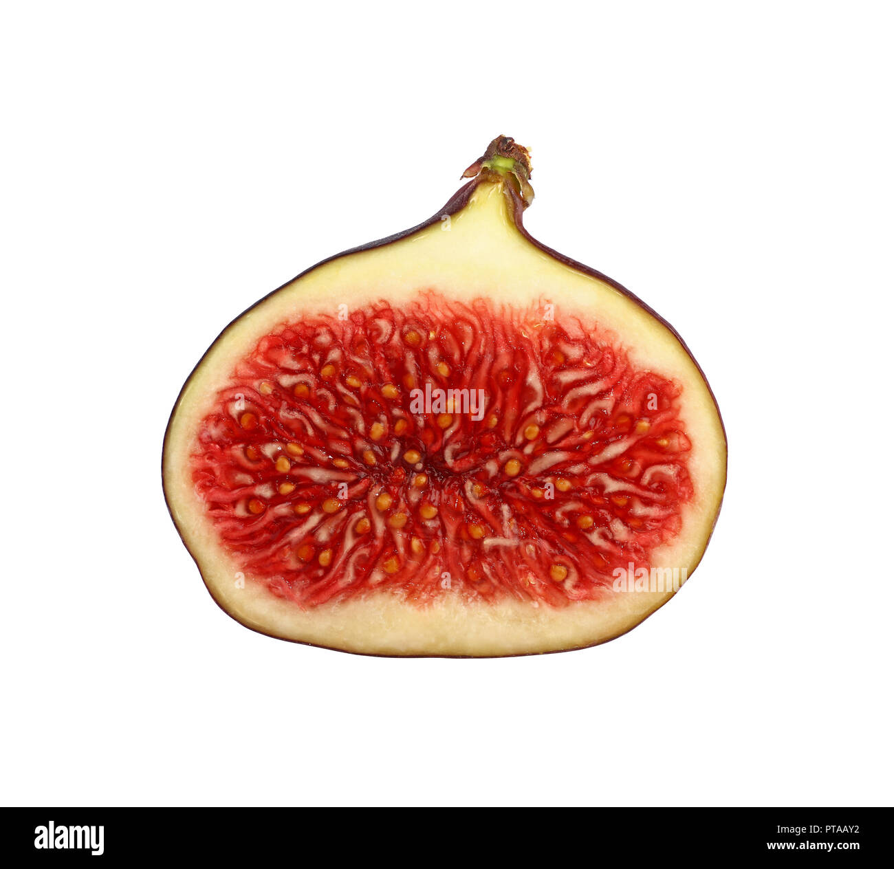 Close up half cut of fresh ripe juicy fig fruit isolated on white ...