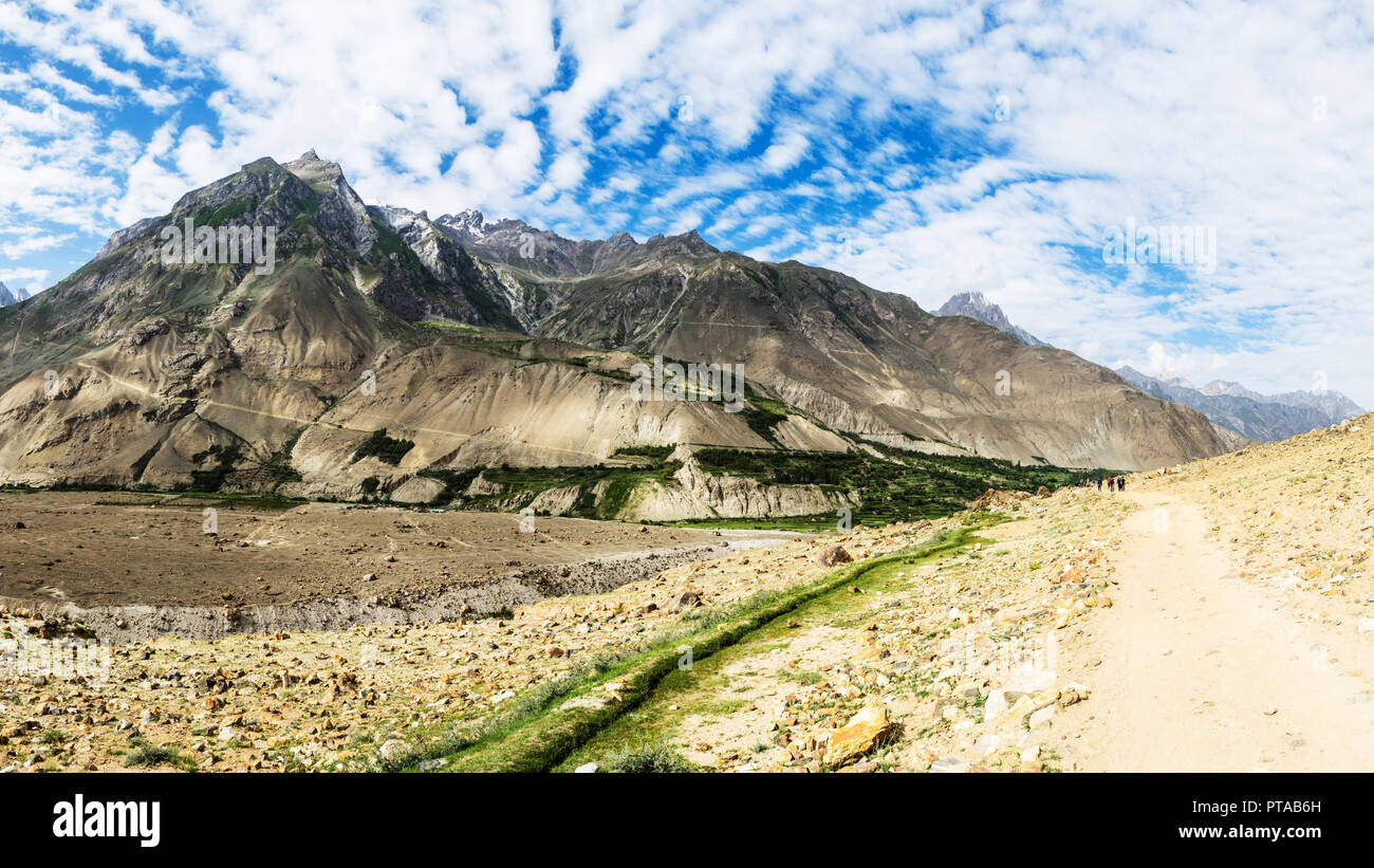 Trekkers leaving Askole to Jhola, next to Korphe village, Karakoram ...