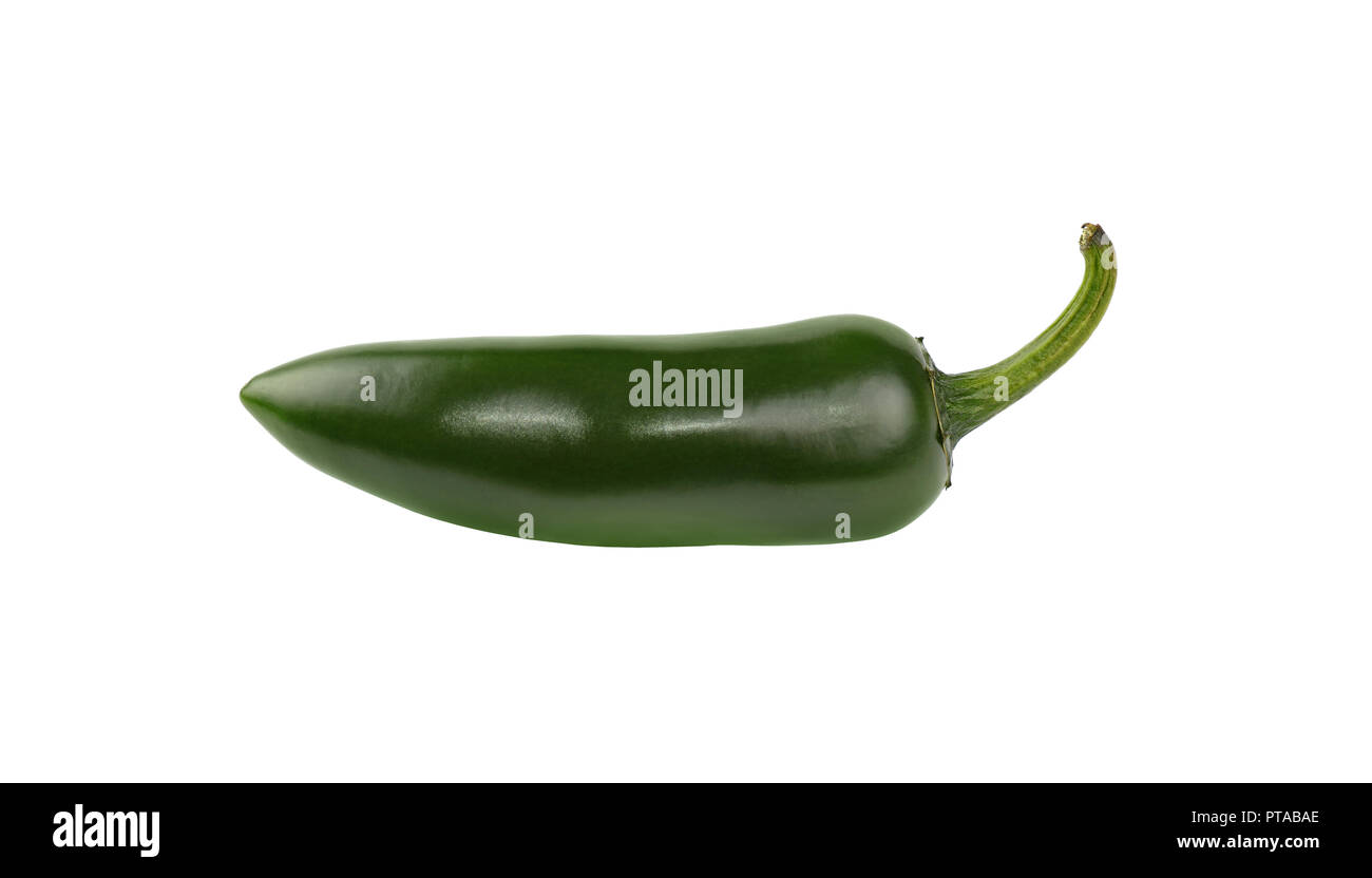Close up one fresh green jalapeno hot chili pepper isolated on white ...