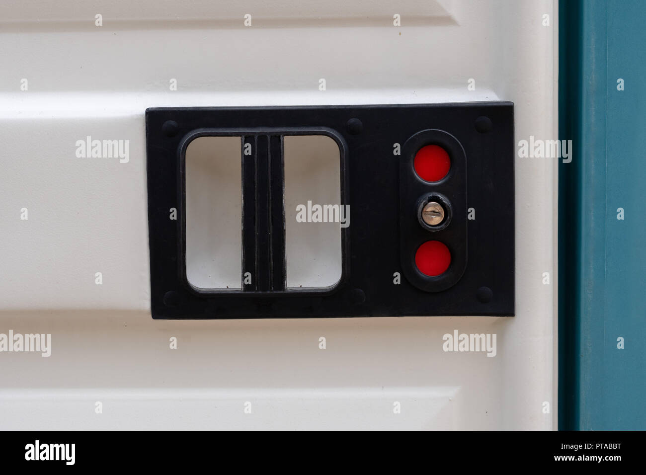 Close-up of a portable toilet door lock with red sign Stock Photo - Alamy
