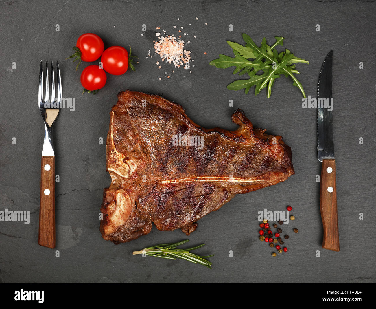 Close up one big grill roasted T-bone porterhouse beef steak with rib ...