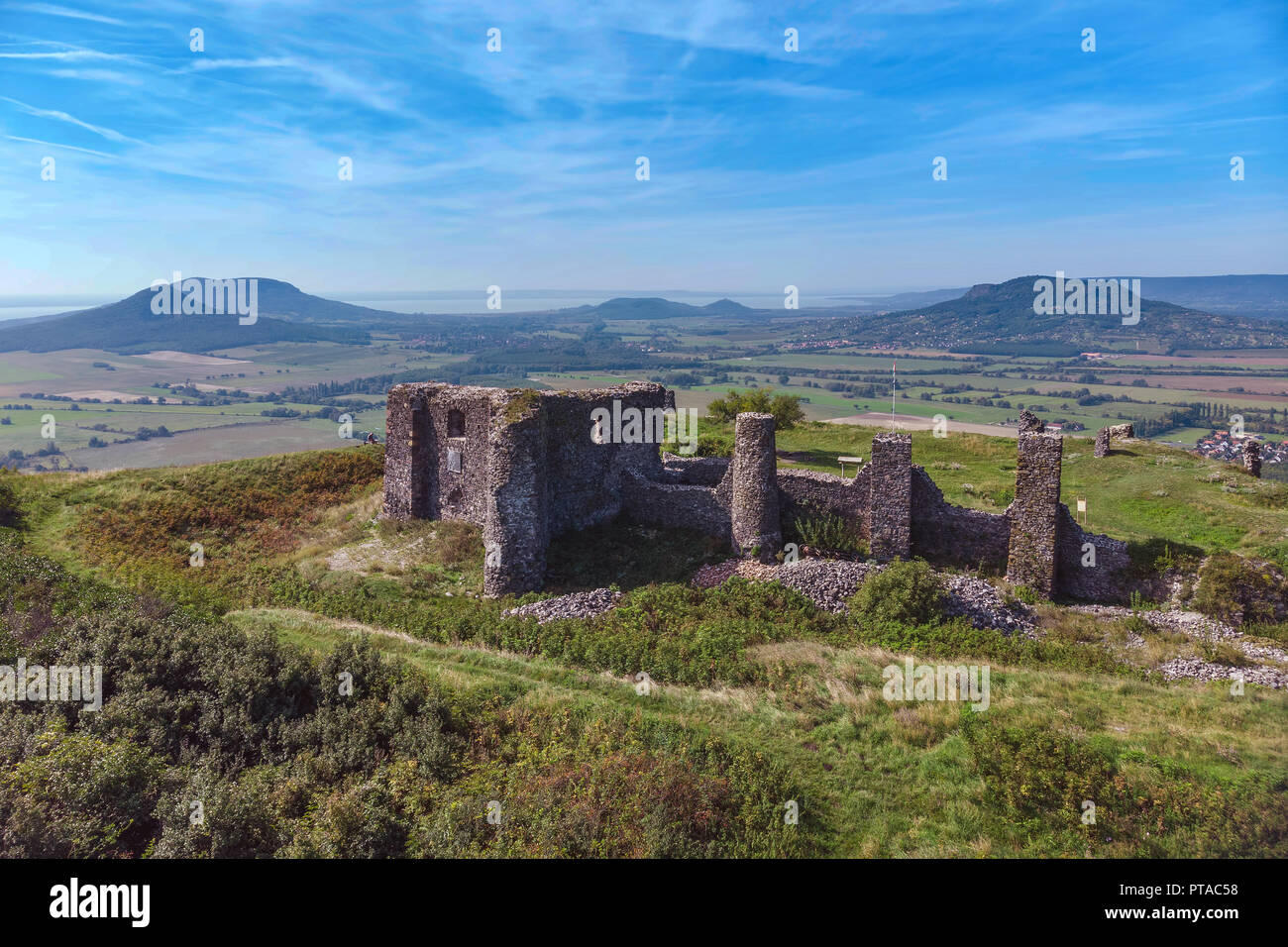 Aerial picture from a ancient castle ruin from Hungary on the volcano ...