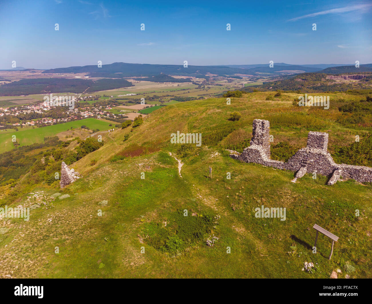 Aerial picture from a ancient castle ruin from Hungary on the volcano ...