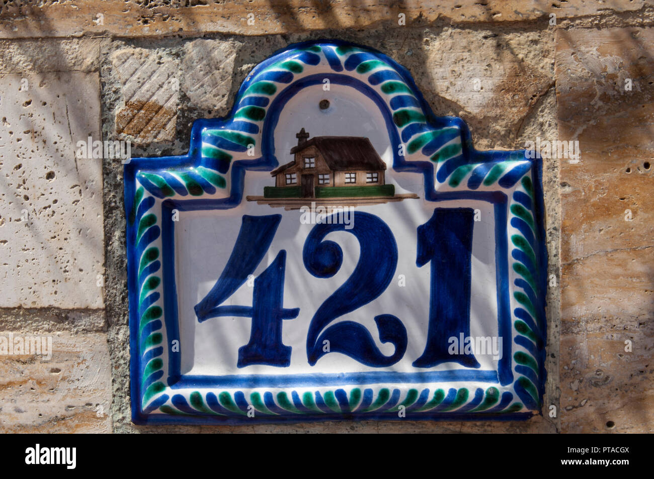 Hand-painted ceramic house number, 421, featuring a small painted house ...