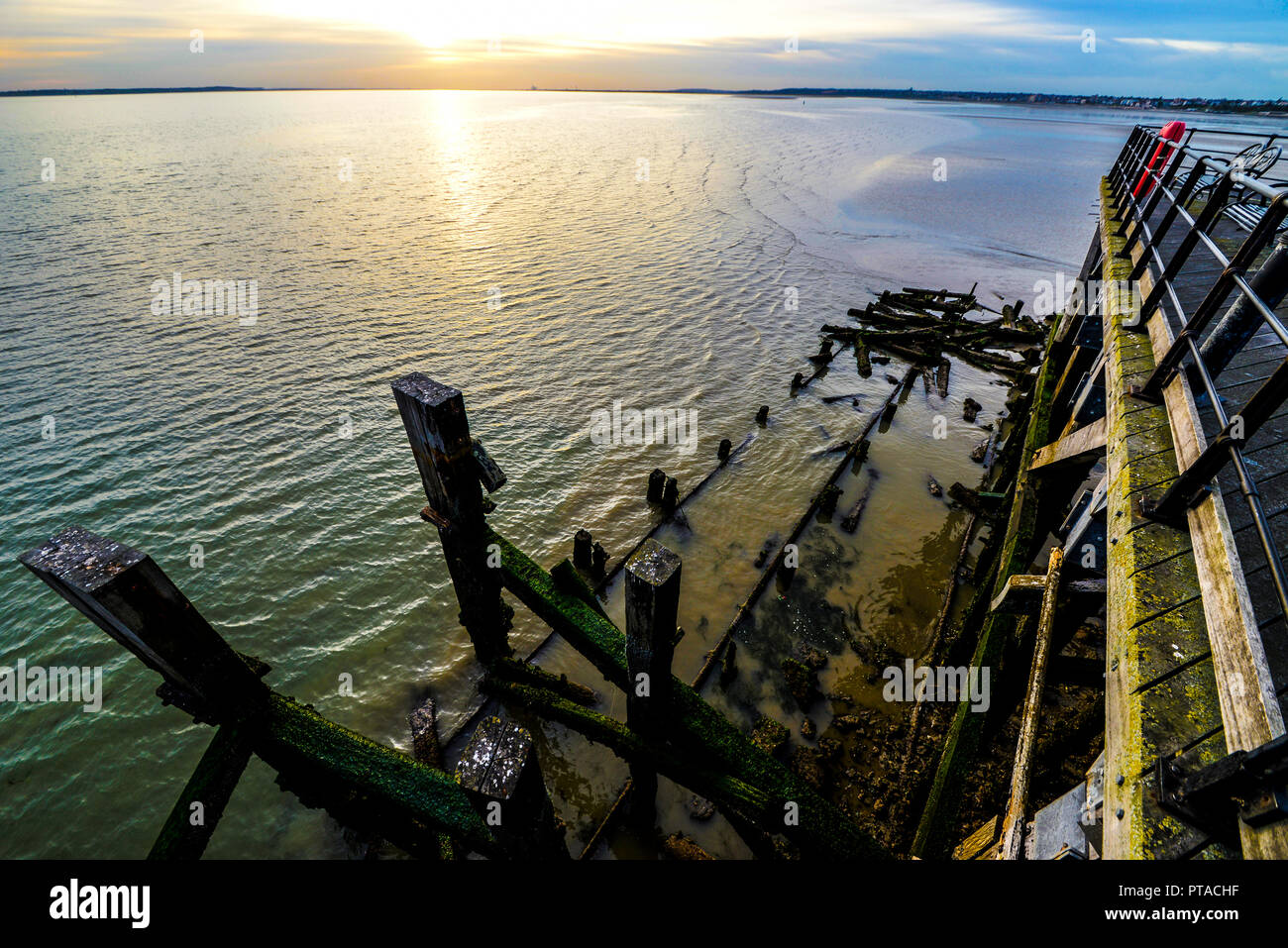 Old damaged section of Southend Pier from fire burning the wooden ...