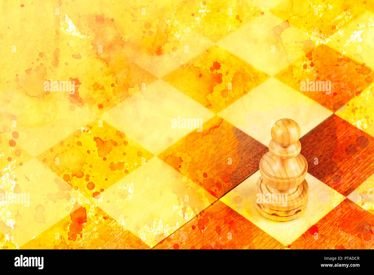 A pawn on a chessboard, a metaphor for the first step, with a golden ...