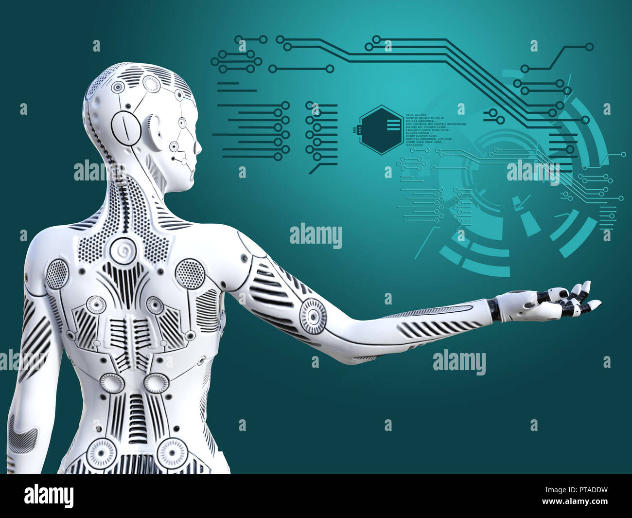 3D rendering of a robot woman standing with its back agianst the camera ...