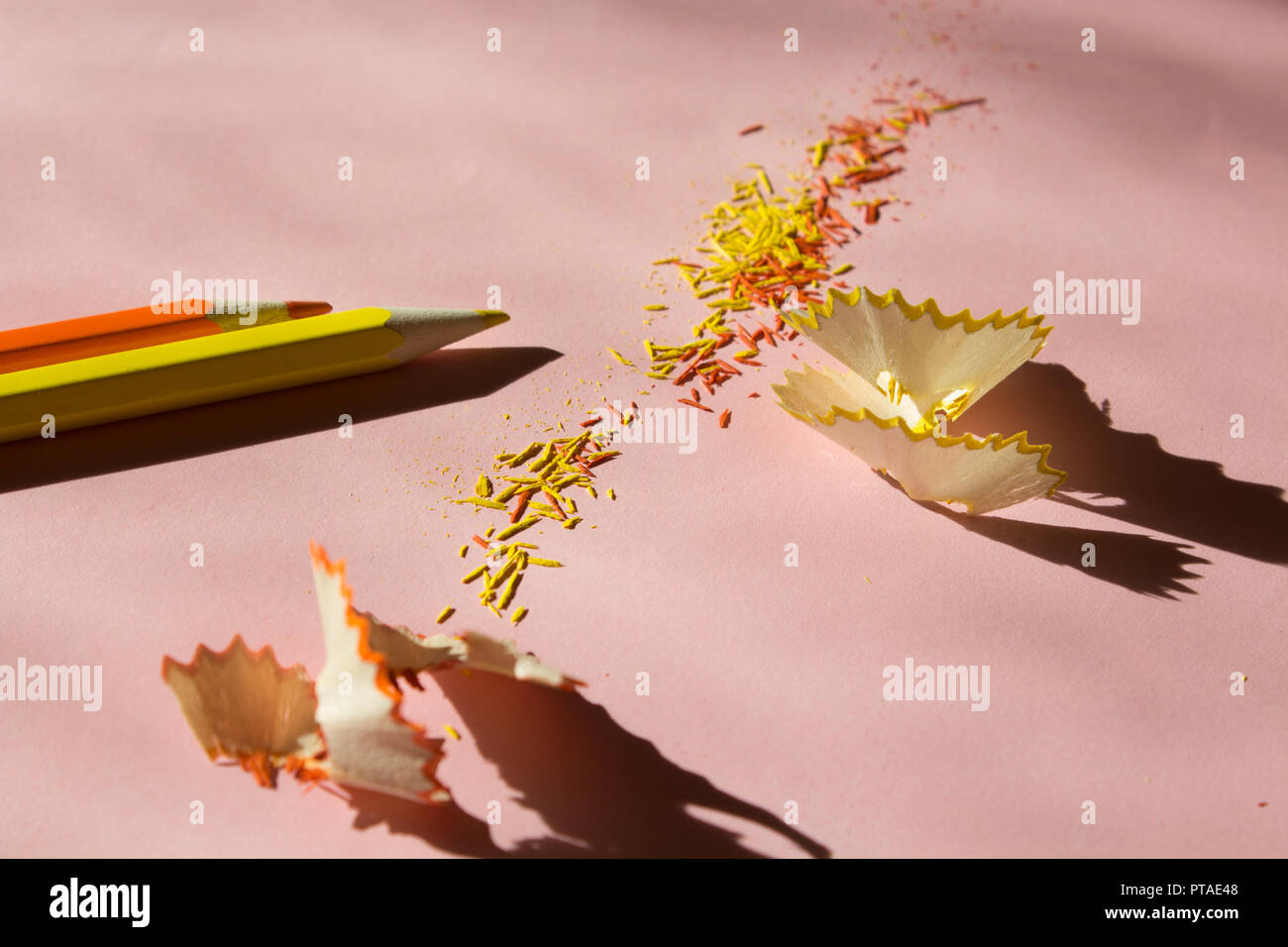 yellow, orange pencils, sharpener trash wood, hard light Stock Photo ...