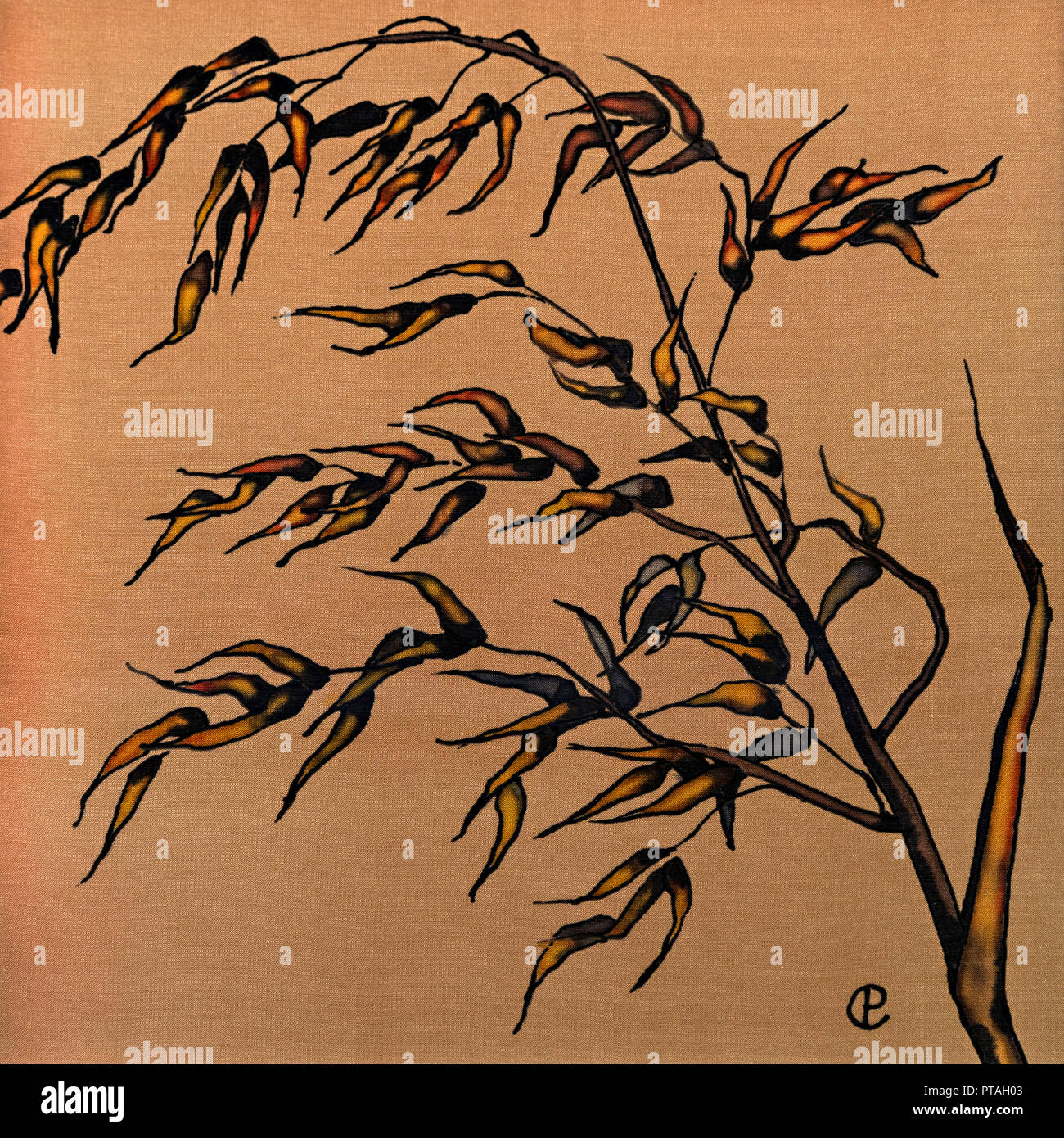 Photograph of silk painting of oats using steam fixed dyes and black ...