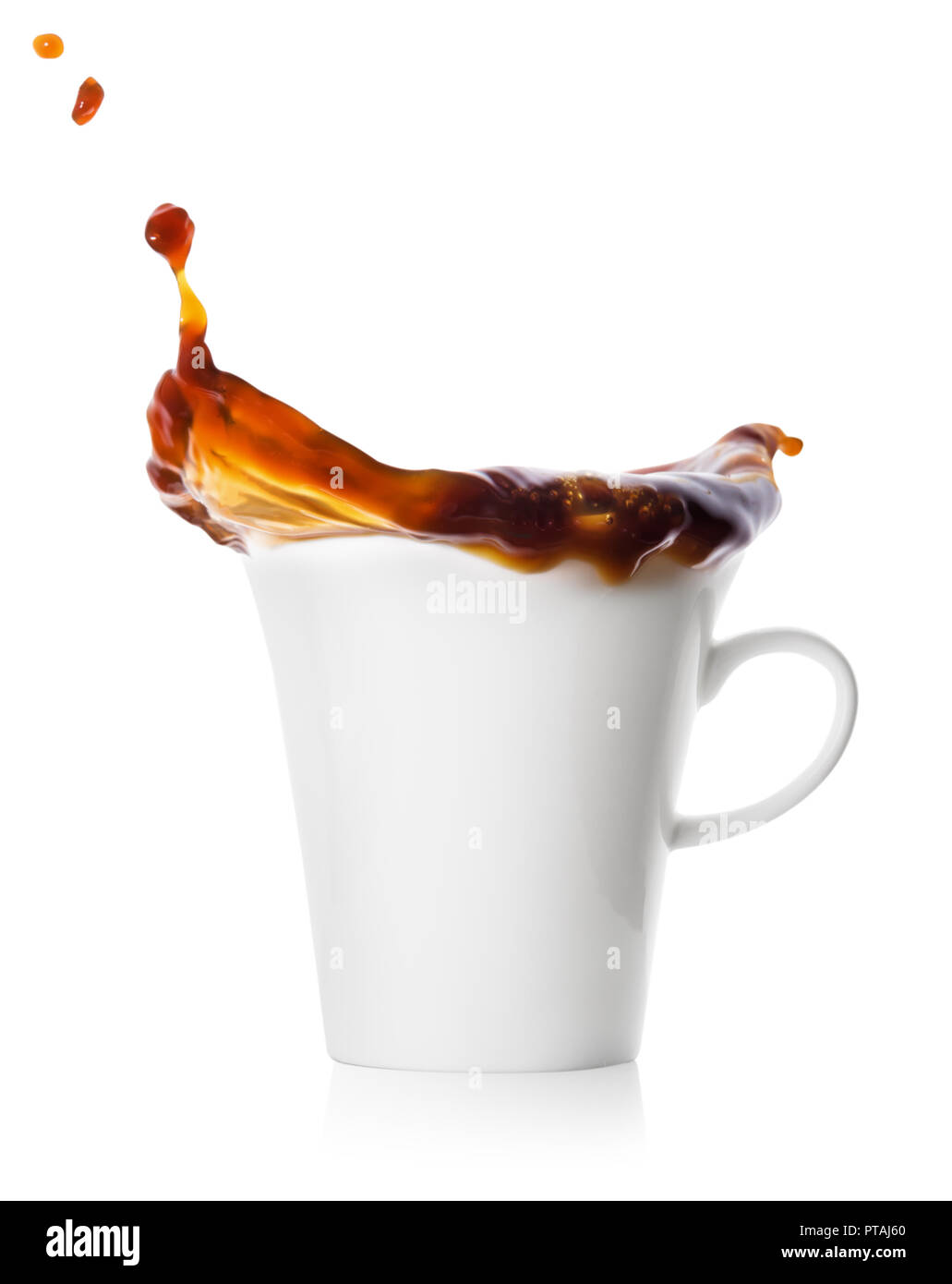 Splash with drops in a cup with coffee isolated on white background ...