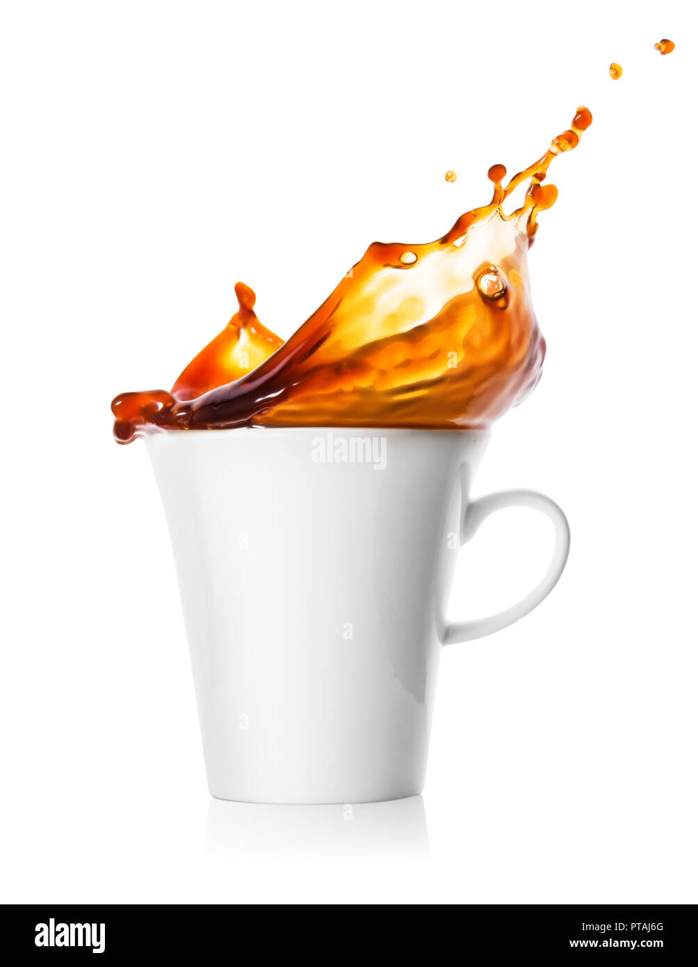 Spray and splash of coffee in a cup isolated on white background Stock ...