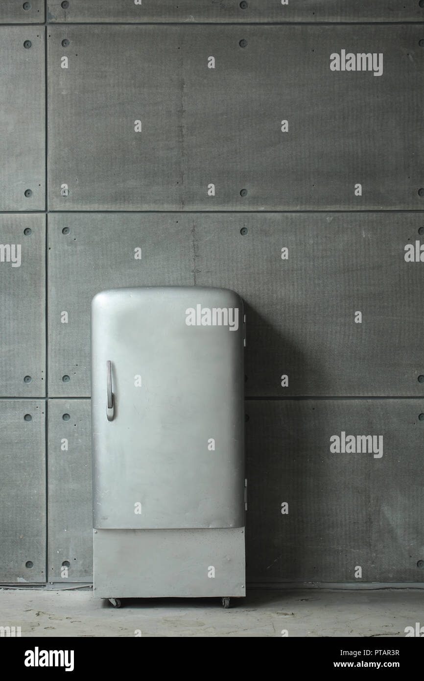 Stylish old retro USSR refrigerator in the fashion interior. Grey ...