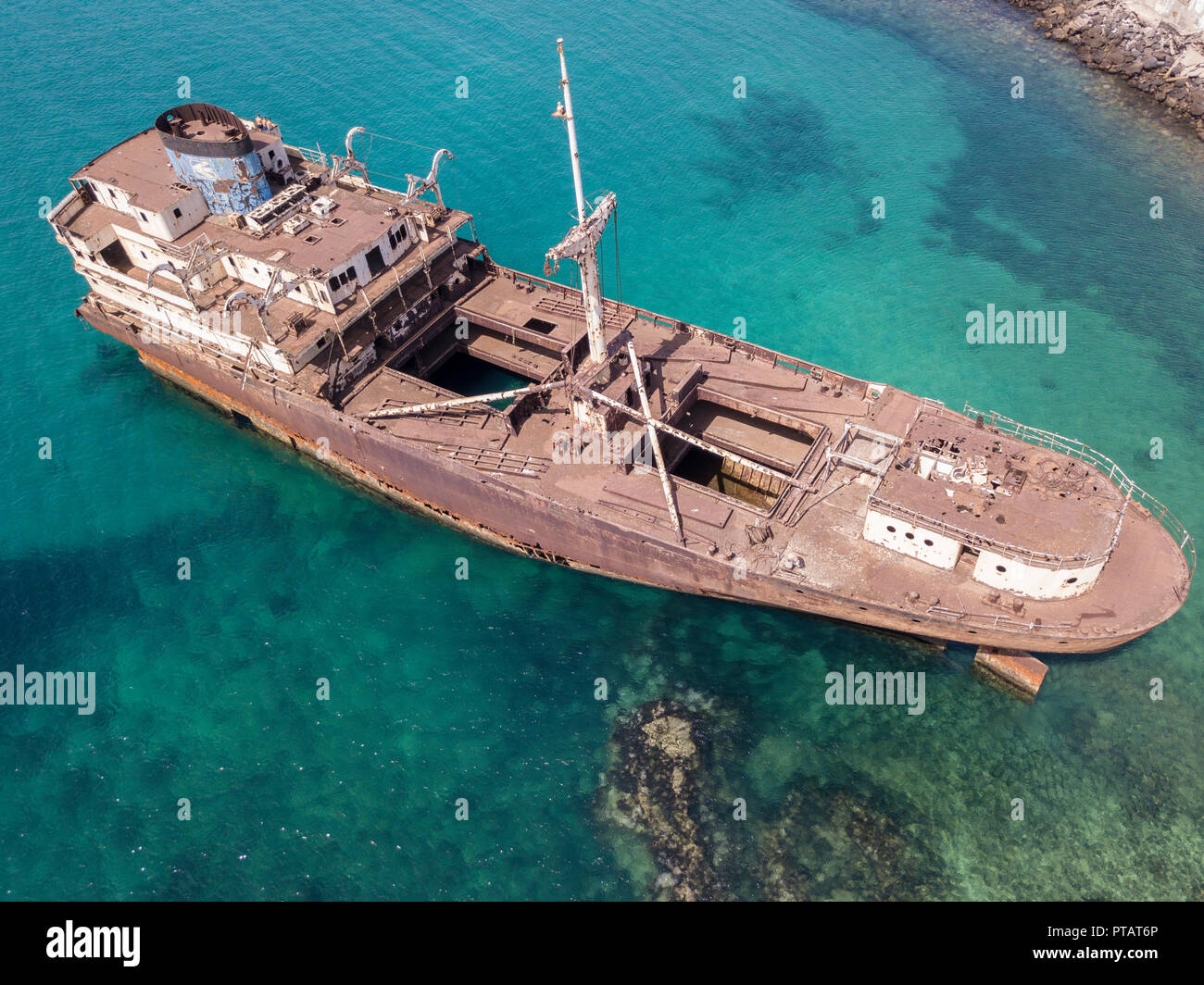 Aerial view of a wreck of Greek cargo ship: Telamon, in the Atlantic ...