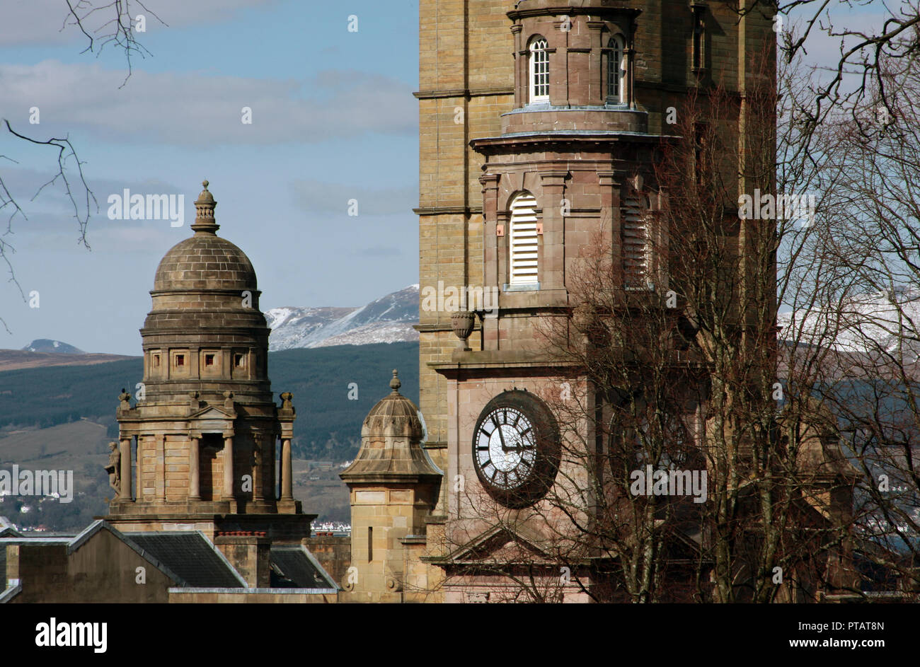 The Wellpark Mid Kirk church stands in front of the Victoria tower and the smaller tower of the ...