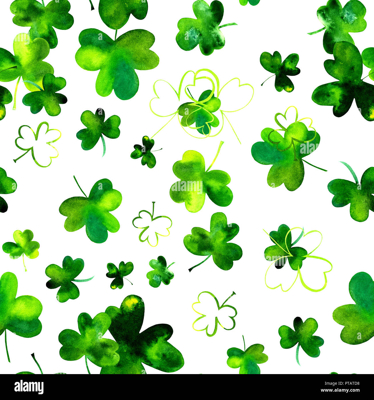 A seamless pattern with watercolor drawings of shamrocks, Irish clovers ...