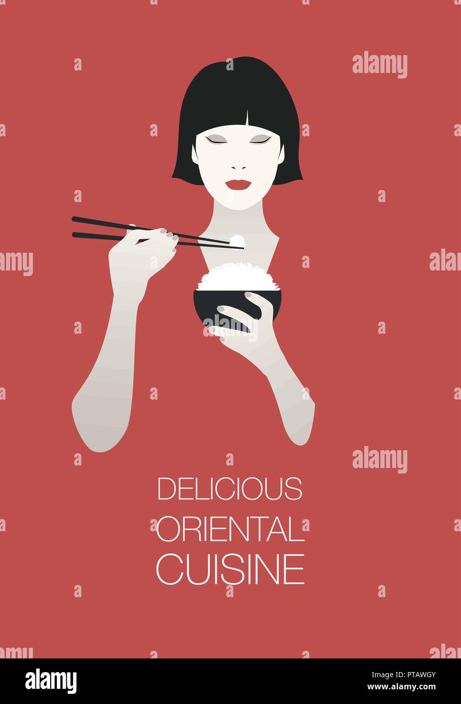 Oriental woman eating rice. Vector illustration Stock Vector Image ...