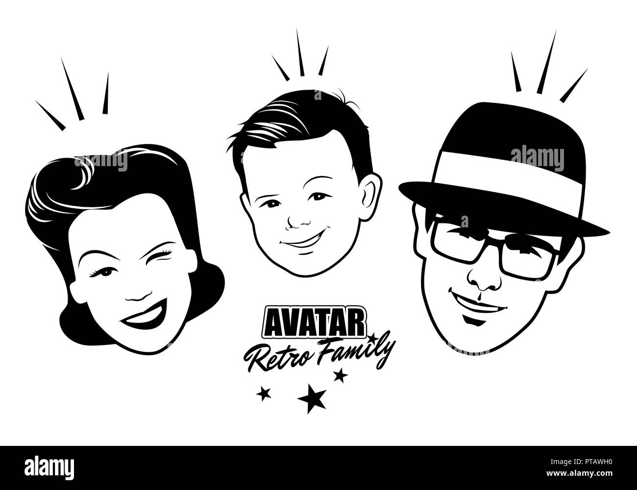 Avatar Retro Family. Cartoon faces retro style. Vector illustration ...