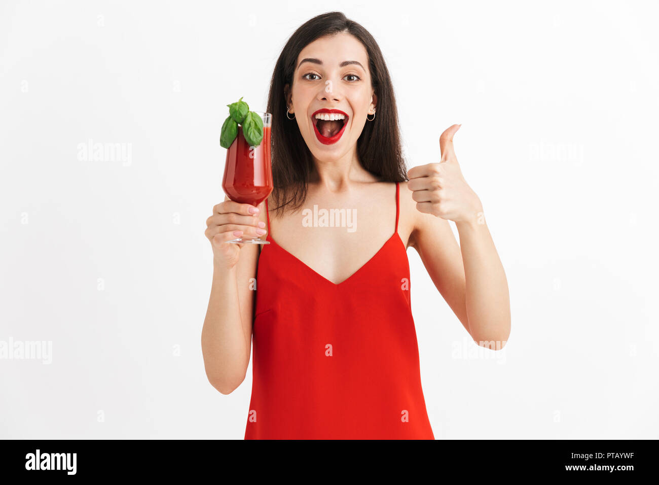 Photo of young happy excited woman posing isolated drinking cocktail ...