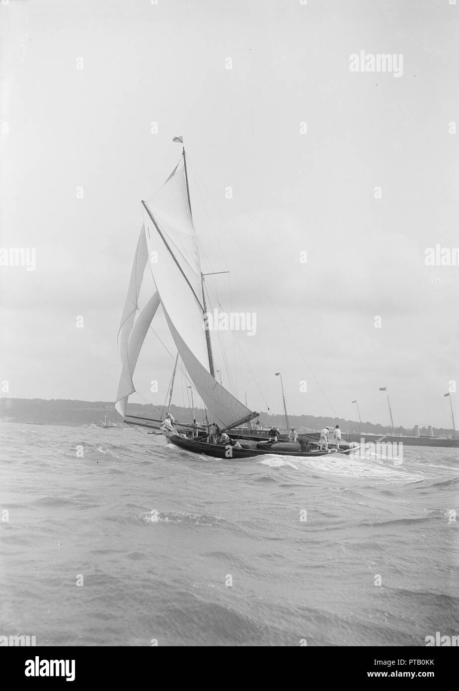 The gaff rigged cutter 'Bloodhound' sailing on a broad reach, August ...