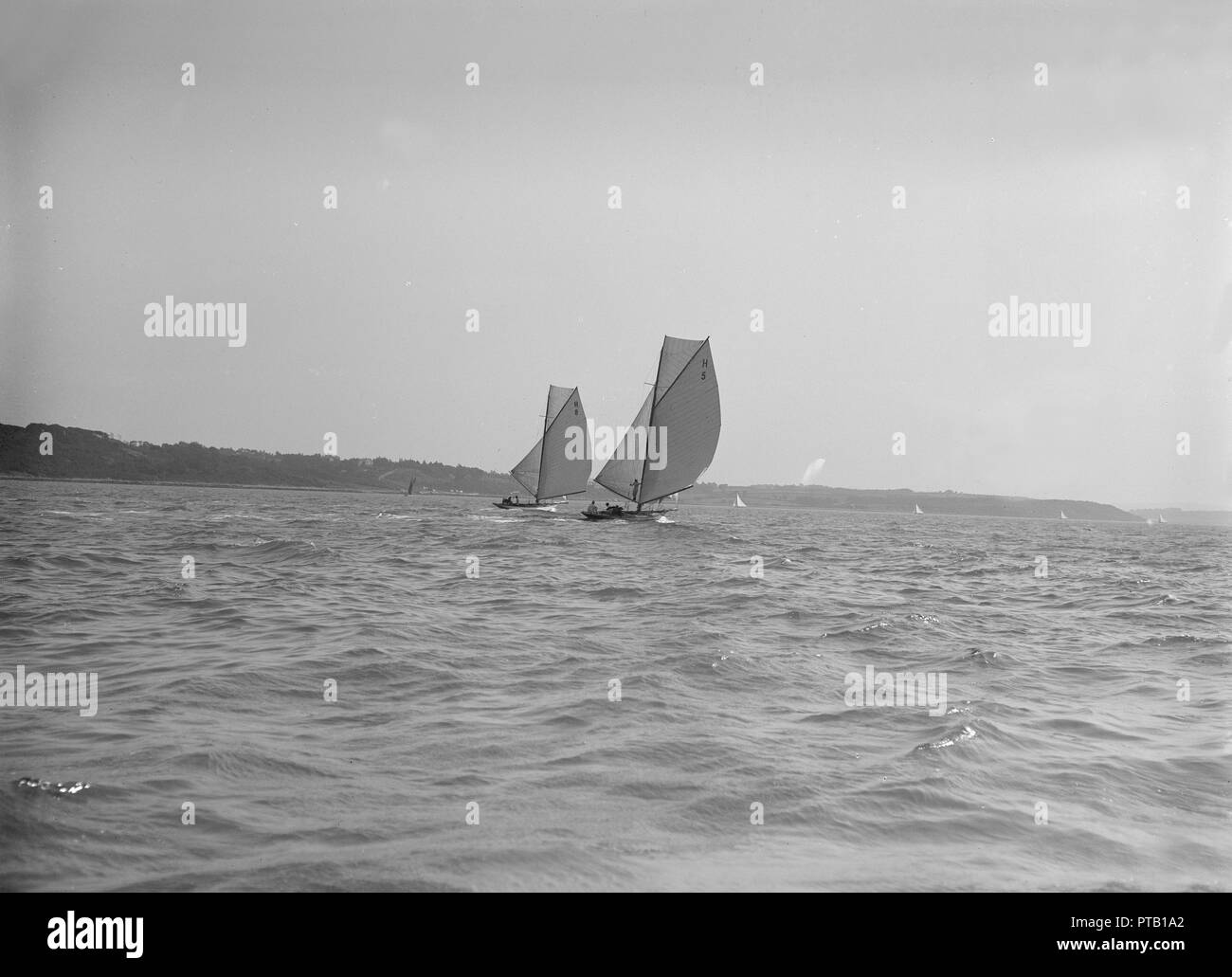 The 8 Metre sailing yachts 'Endrick' and 'Spero' racing downwind, 1911 ...