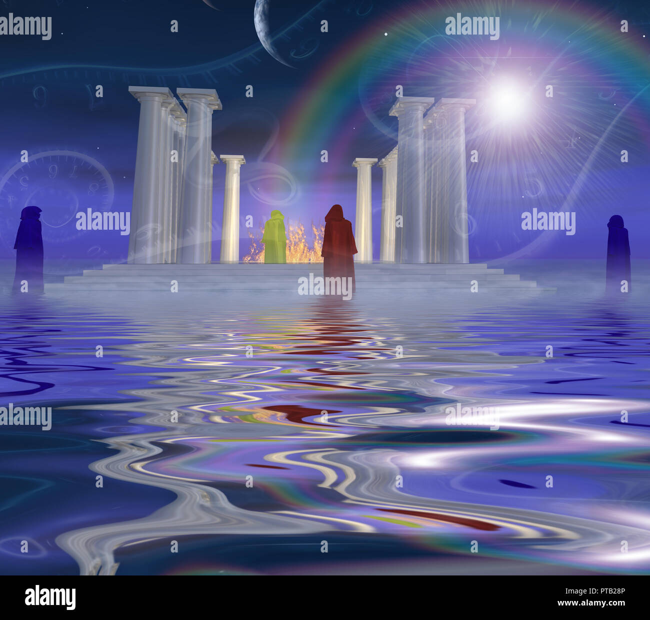 Surreal digital art. White ancient temple with fire inside is situated ...