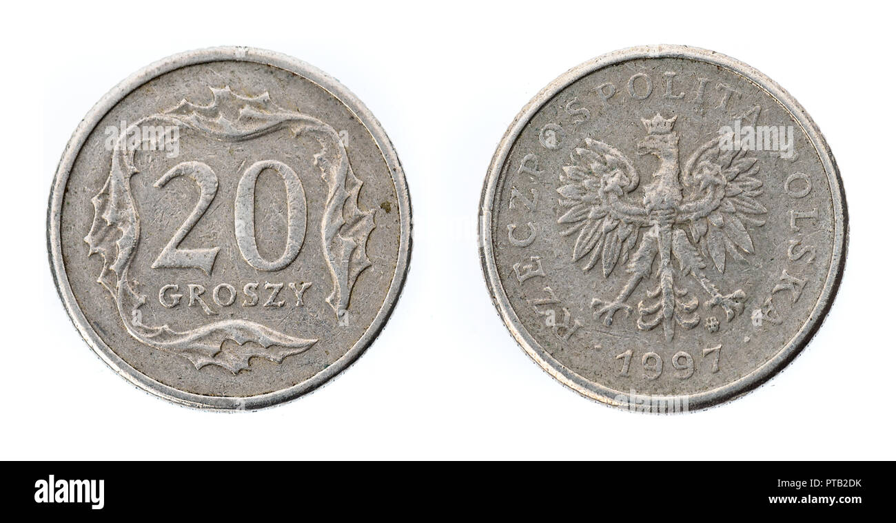 Old used twenty Polish groszy coin isolated on white background. Heads ...