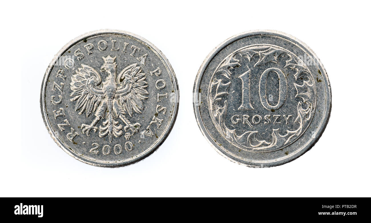 Old used ten Polish groszy coin isolated on white background. Heads and ...