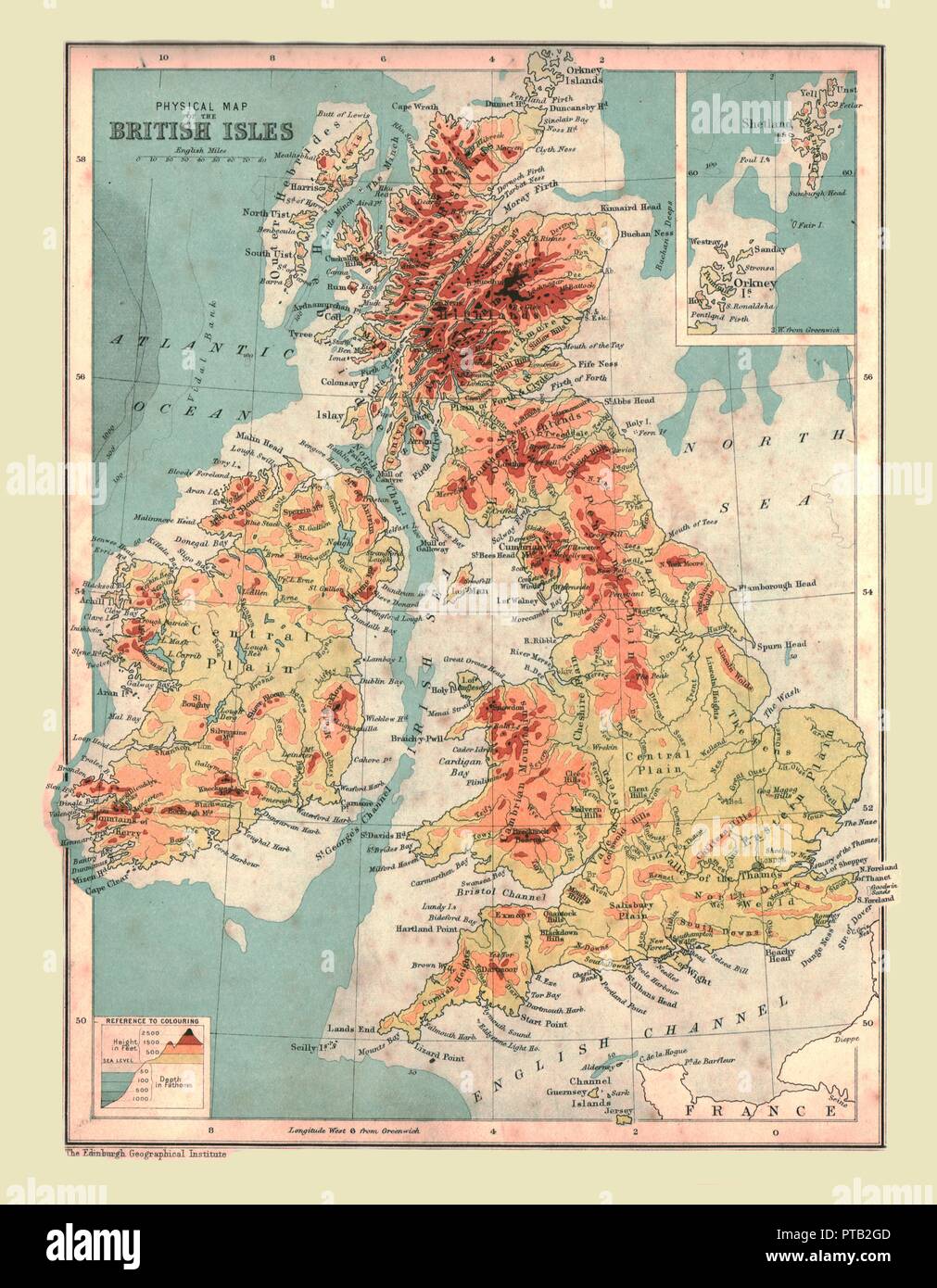 Physical Map of the British Isles, 1902. Creator: Unknown Stock Photo ...