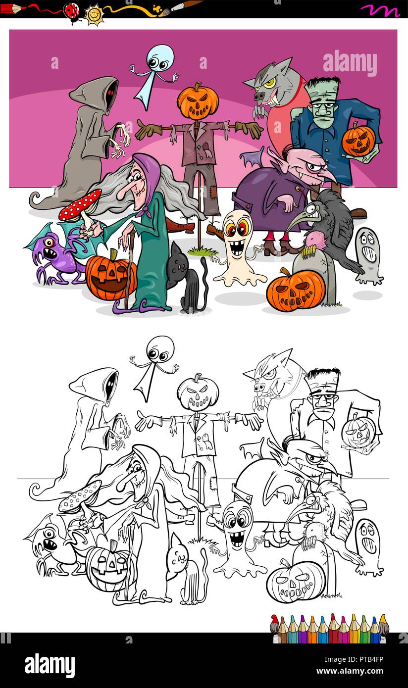 Cartoon Illustration of Halloween Characters Group Coloring Book ...