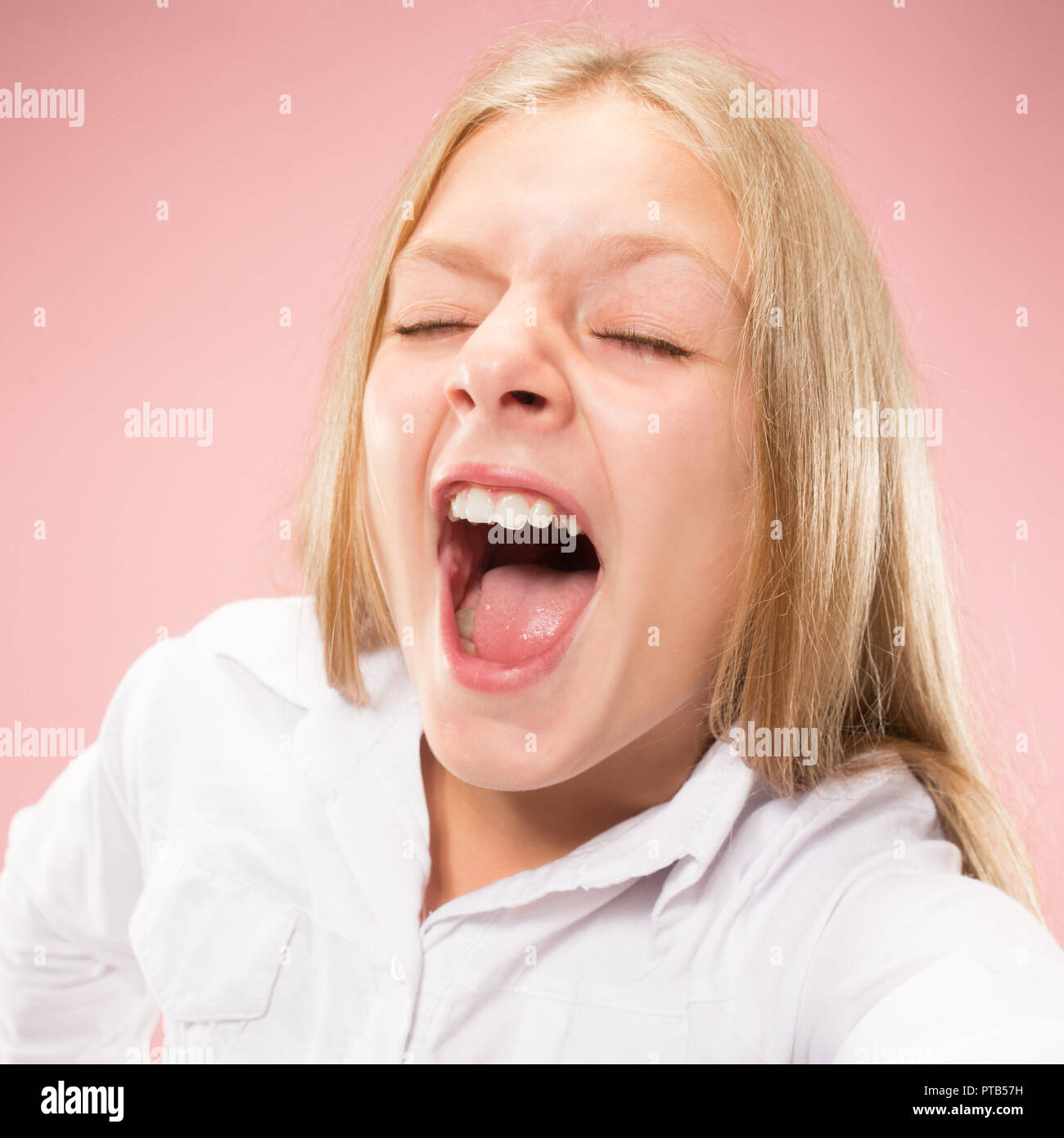 Do not miss. Young casual teen girl shouting. Shout. Crying emotional ...