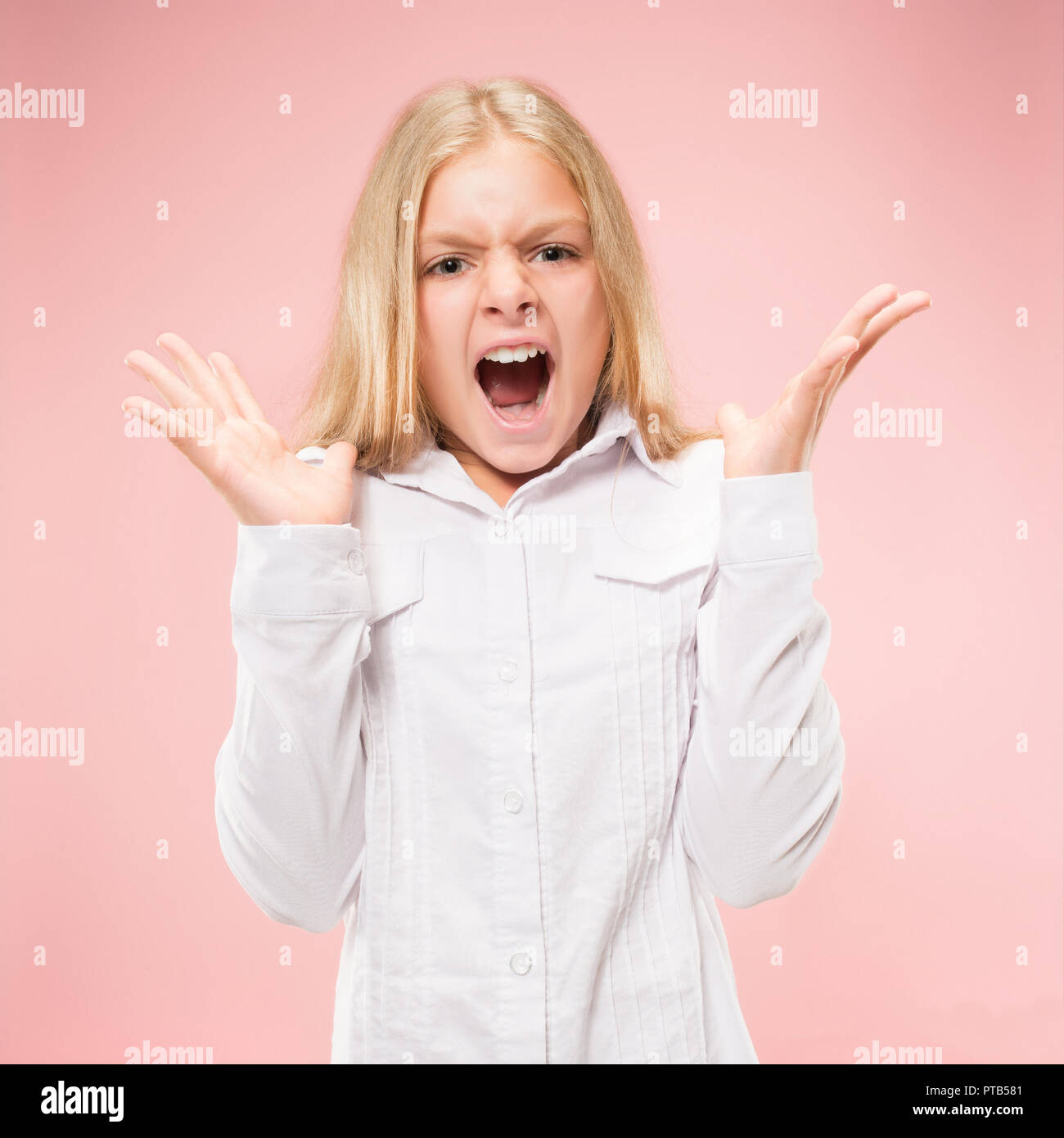 Do not miss. Young casual teen girl shouting. Shout. Crying emotional ...