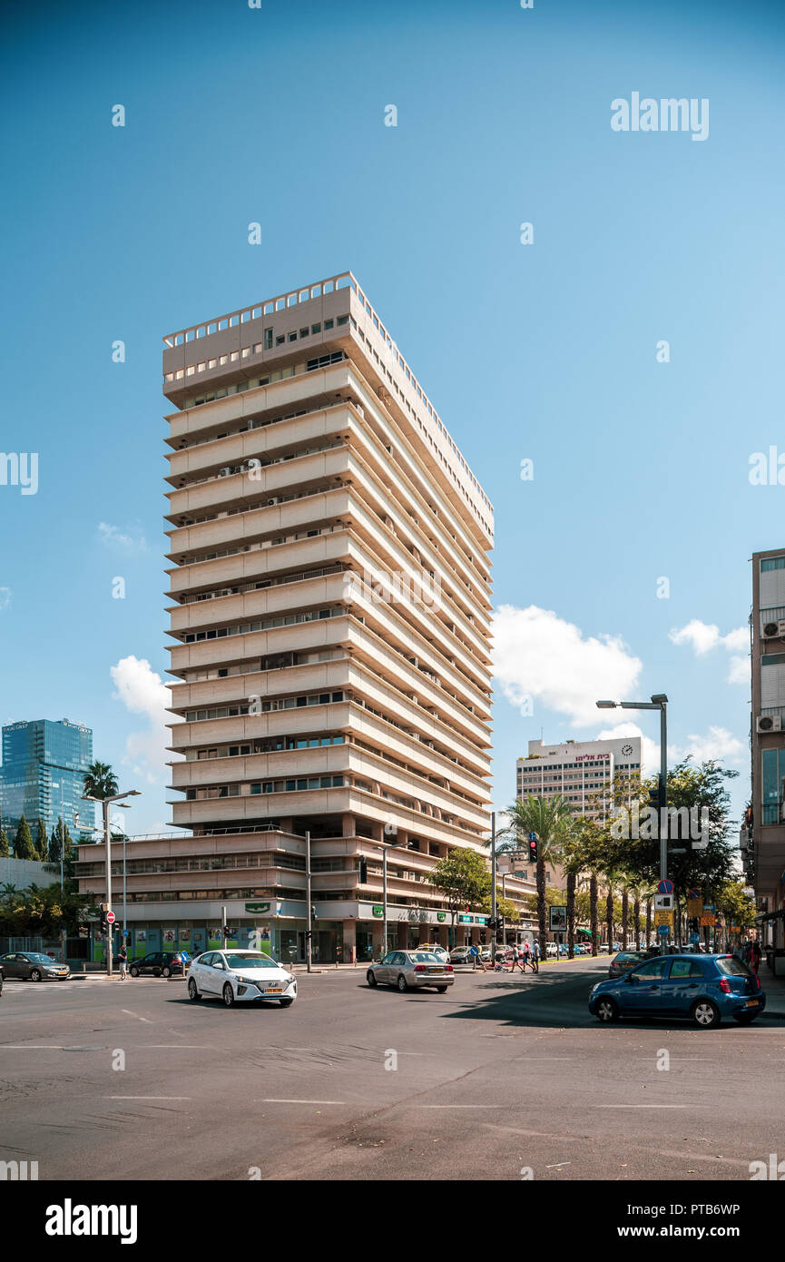 Israel, Tel Aviv - 08 September 2018: Yachin-Hakal building, corner of ...