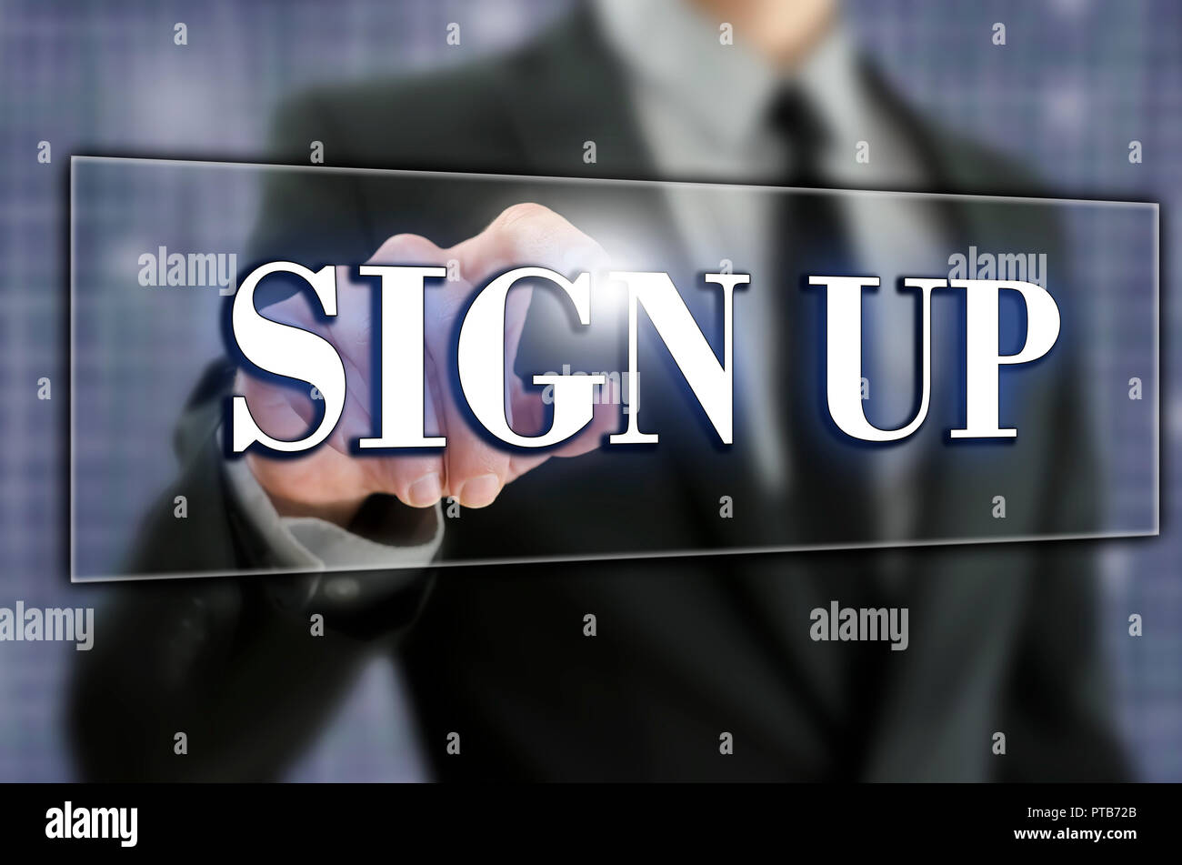 Sign Up in text on a virtual screen in a computer navigation bar with a ...