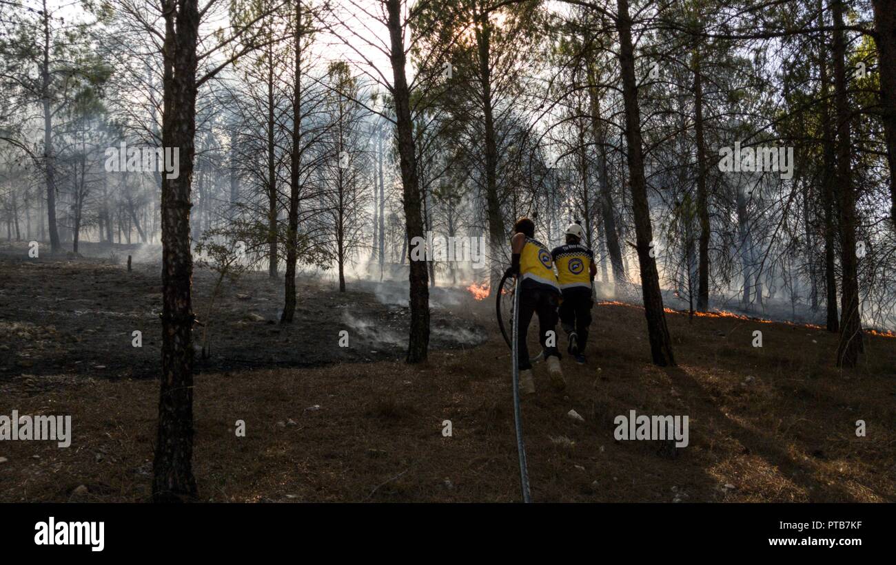 Volunteers from the Syrian Civil Defense seen extinguish a wild fire in ...