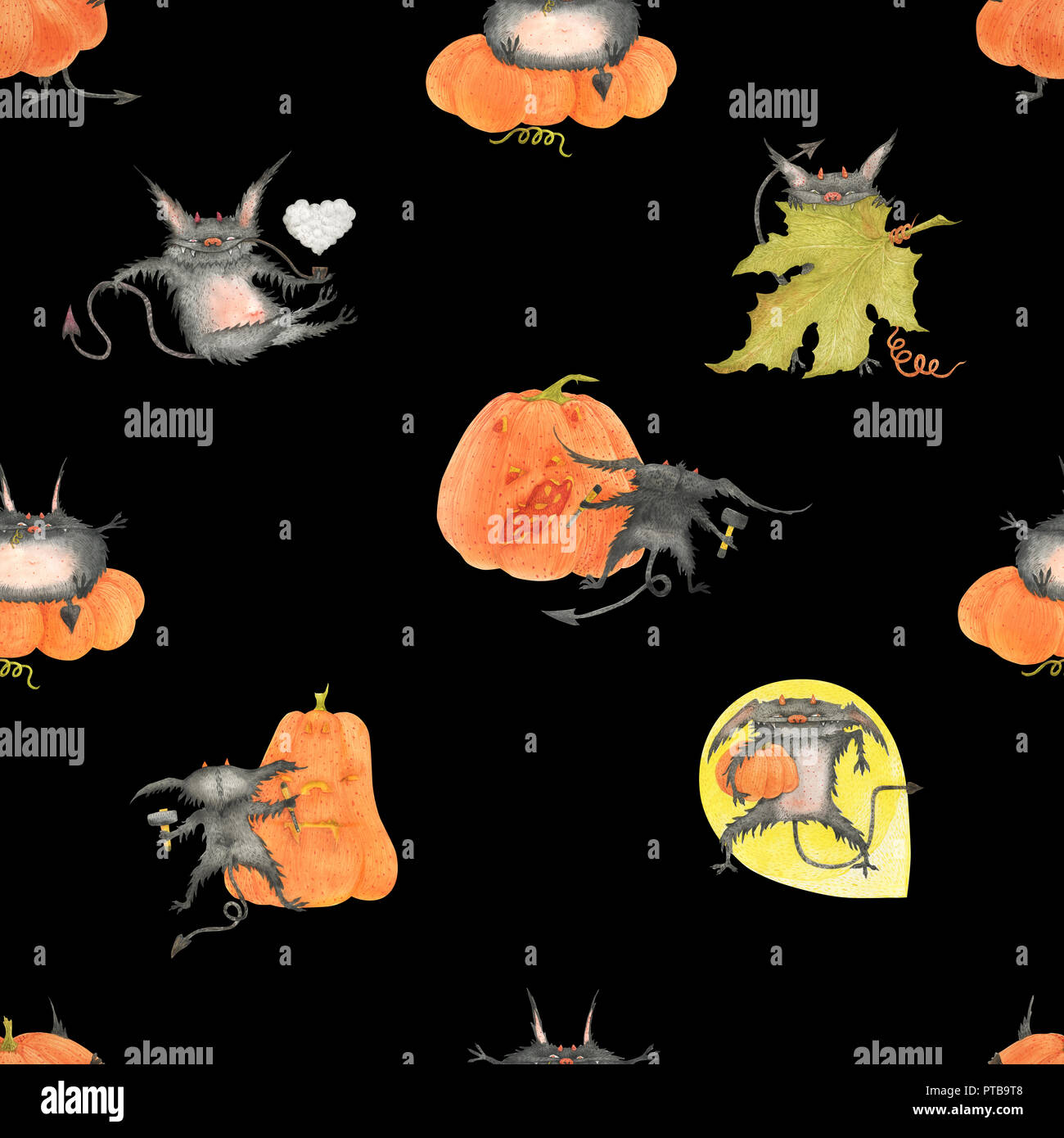 Watercolor seamless pattern for Halloween. The little devils and ...