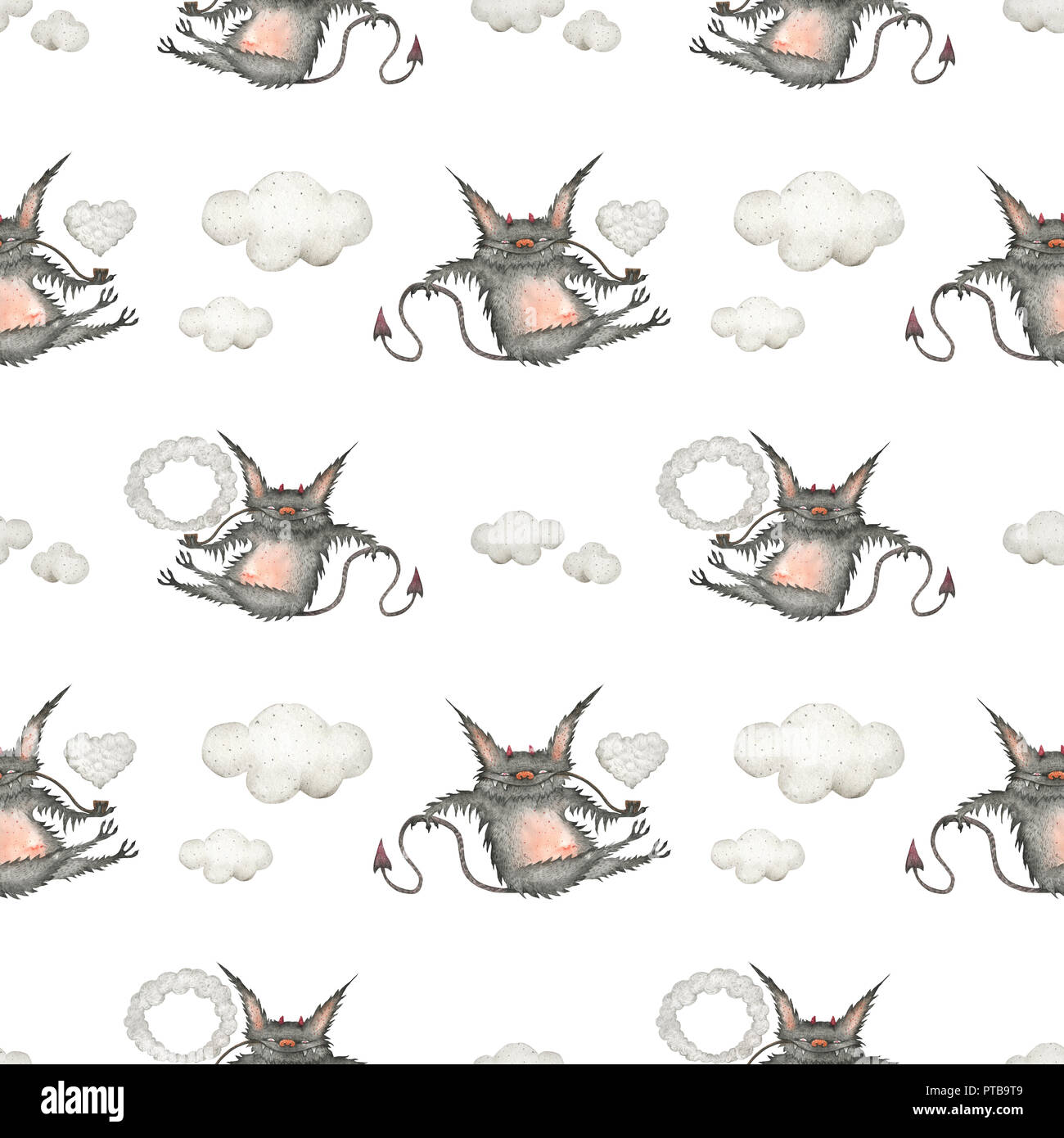 Watercolor seamless pattern for Halloween. The little flying devils on ...