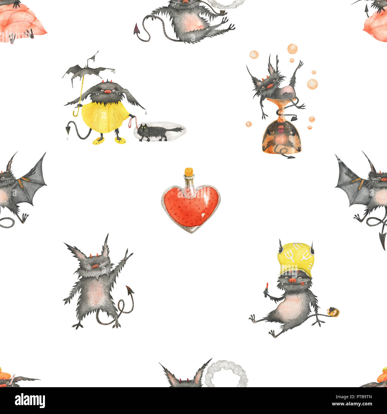 Watercolor seamless pattern for Halloween. The little devils on a white ...