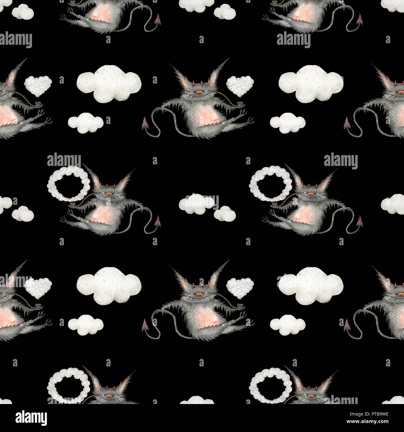 Watercolor seamless pattern for Halloween. The little flying devils on ...