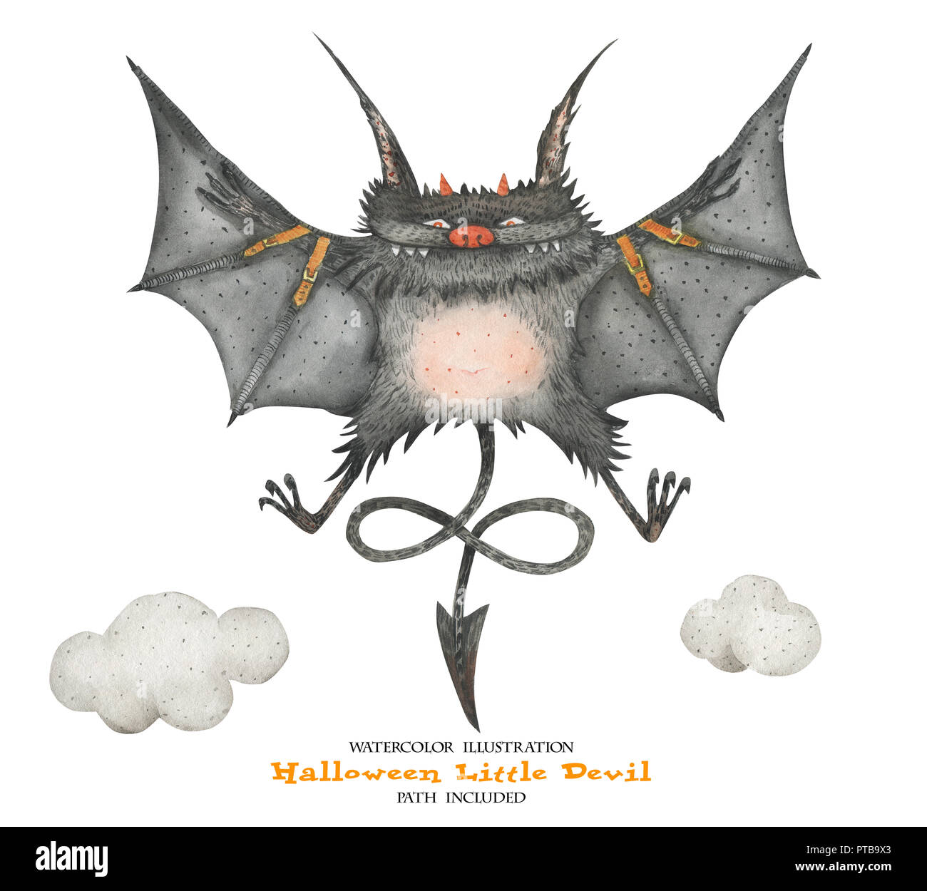 Watercolor illustration for Halloween. The little devil free flying ...