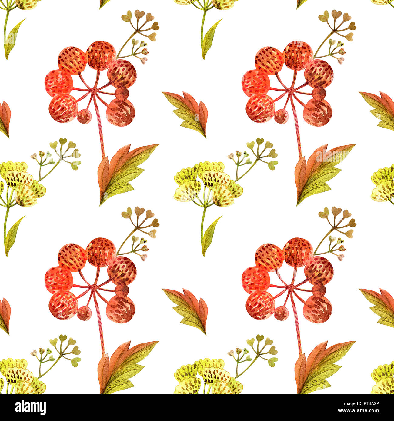 Yellow wild plants seamless pattern. Watercolor on a white backdrop ...