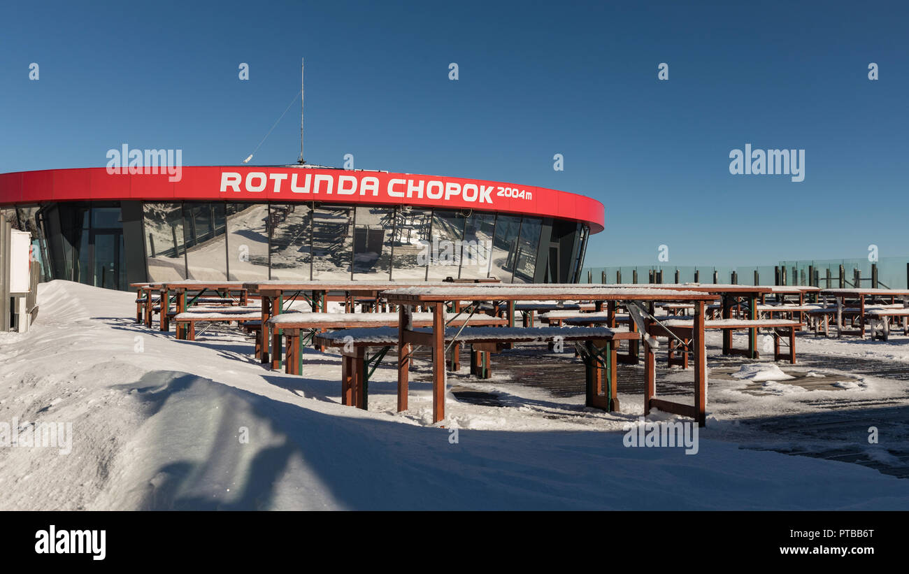 TATRA MOUNTAINS, SLOVAKIA - October 05, 2018. Terrace and restaurant in ...