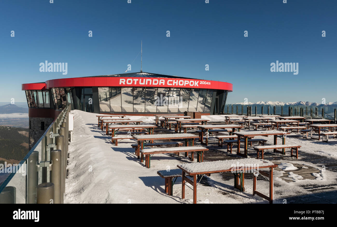 TATRA MOUNTAINS, SLOVAKIA - October 05, 2018. Terrace and restaurant in ...