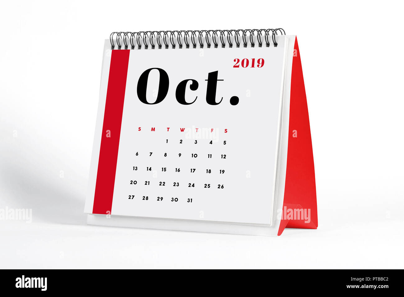 2019 October page of a desktop calendar on white background. 3D ...