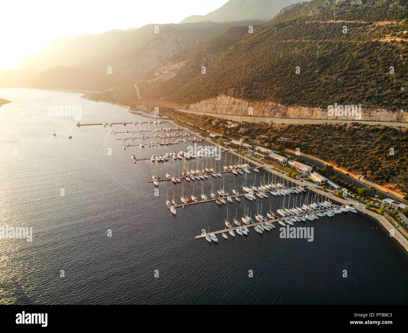 Aerial Drone View of Kas Marina Dock Pier with Small Boats and Yachts ...
