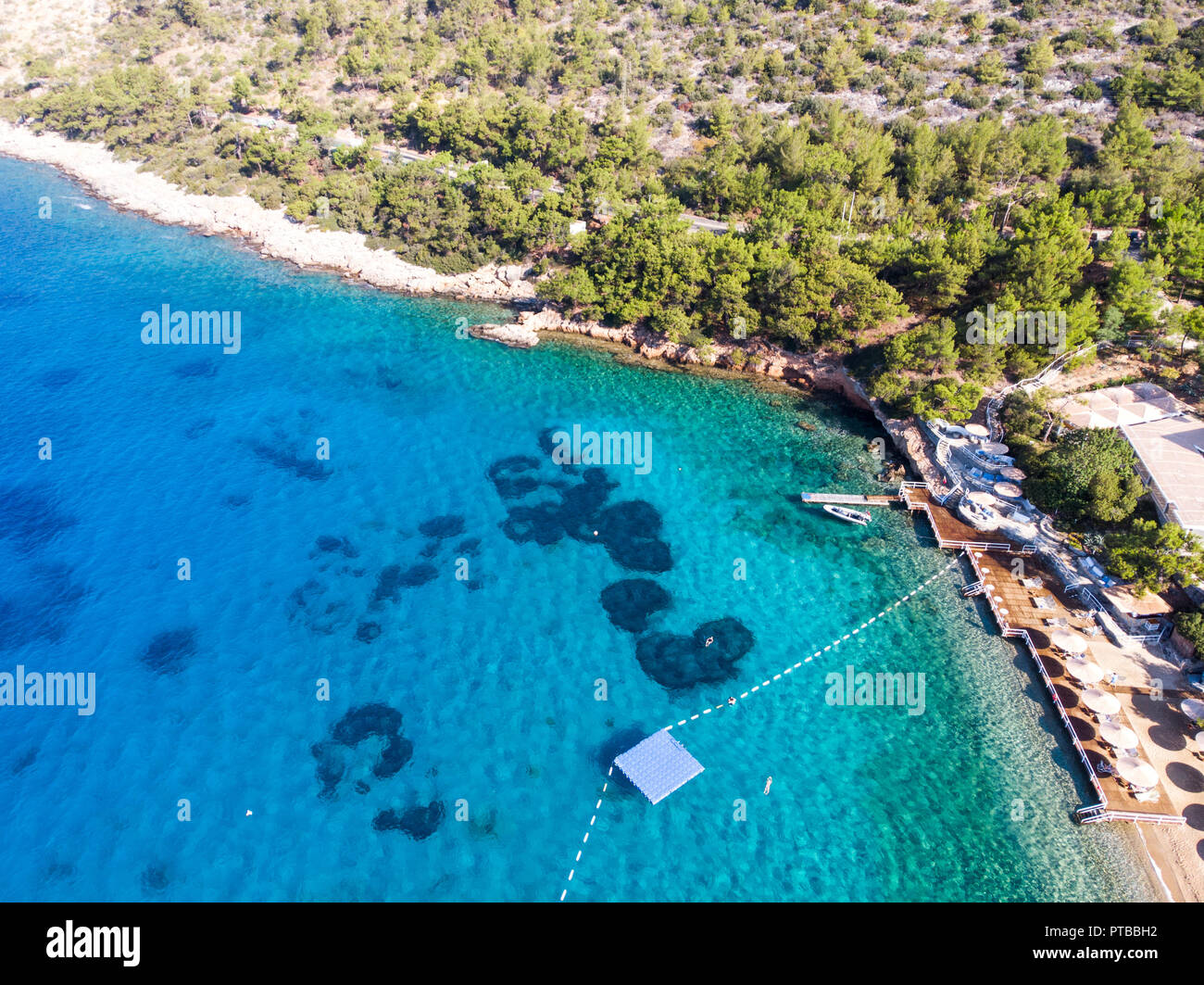 Aerial View of Beach Cove with Sunbeds, Blue Turquoise Sea and Trees ...