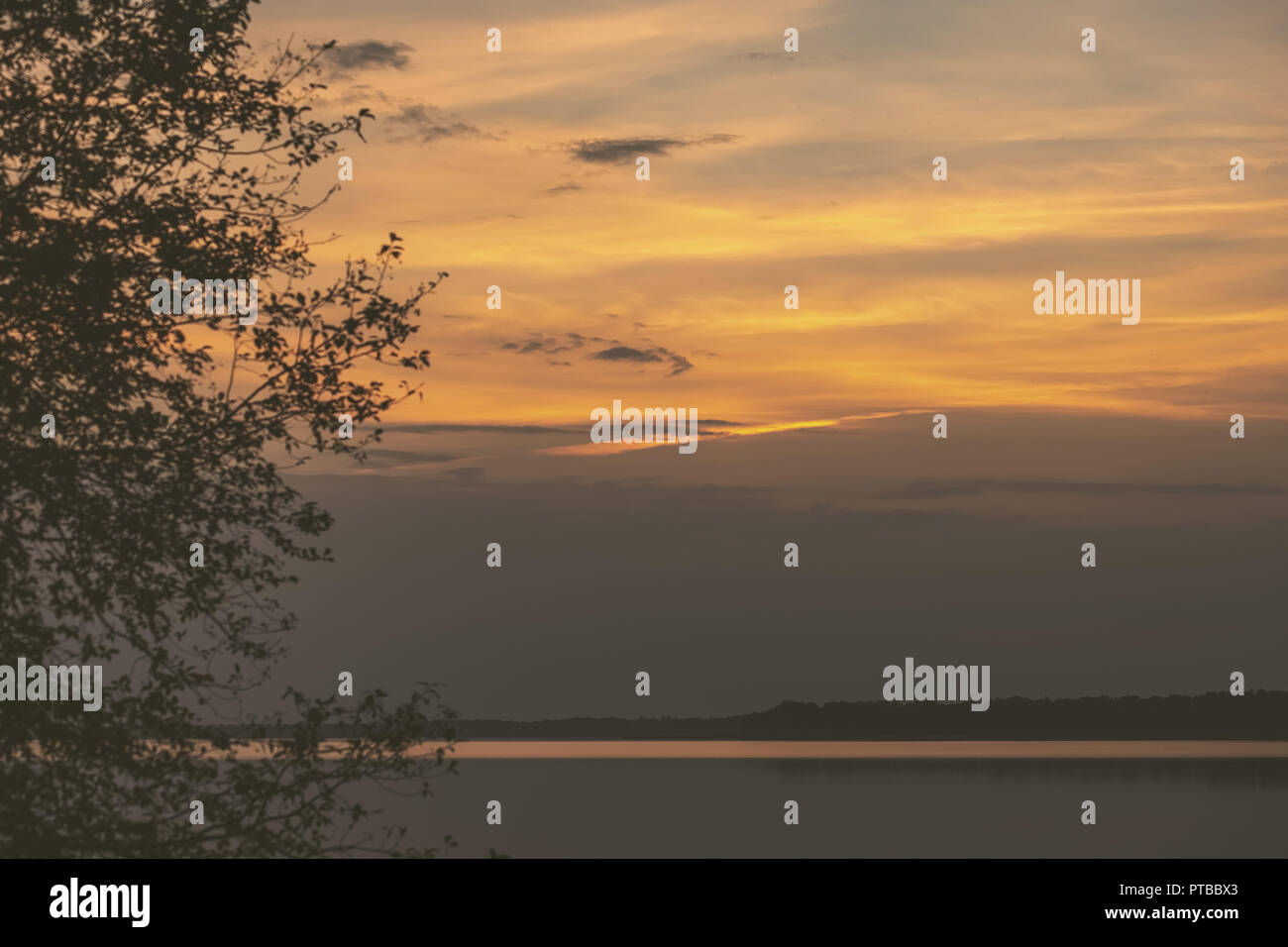 colorful sunset by the lake with tree silhouettes and red sky in ...