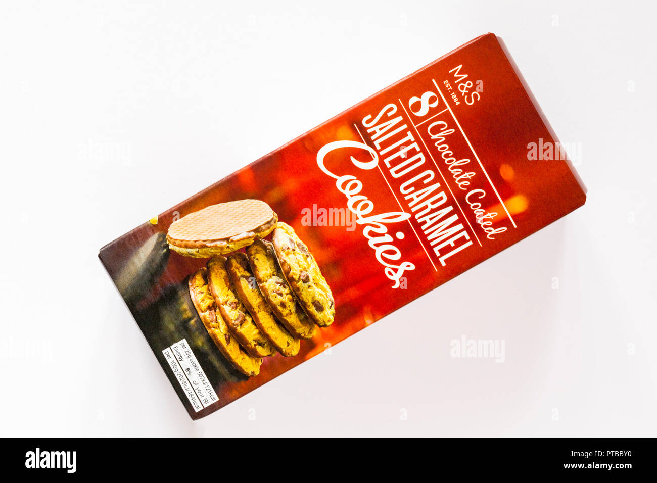 Packet of M&S 8 Chocolate Coated Salted Caramel Cookies isolated on ...